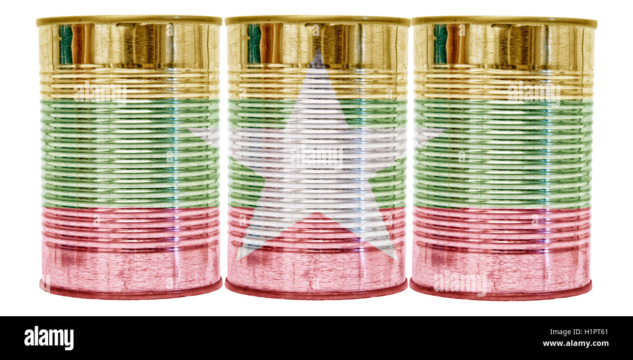 Three tin cans with the flag of Myanmar on them isolated on a white ...