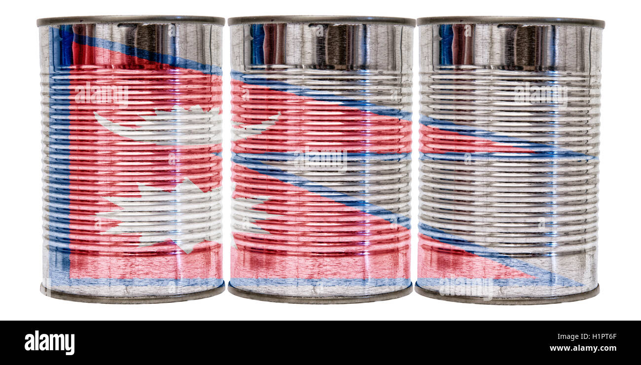 Three tin cans with the flag of Nepal on them isolated on a white ...