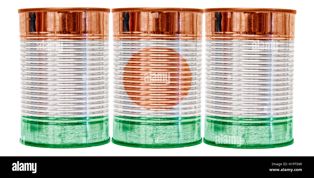 Three tin cans with the flag of Niger on them isolated on a white ...