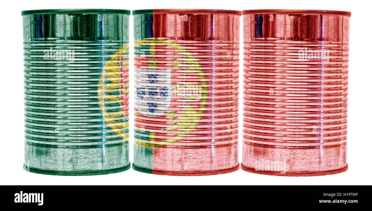 Three tin cans with the flag of Portugal on them isolated on a white ...