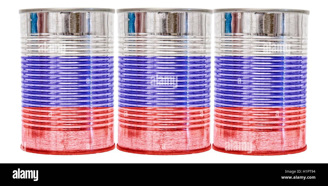 Three tin cans with the flag of Russia on them isolated on a white ...