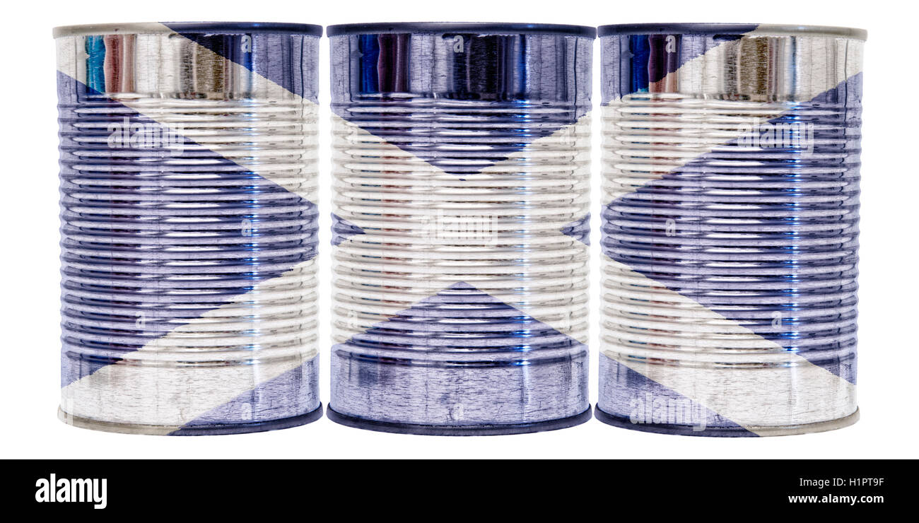 Three tin cans with the flag of Scotland on them isolated on a white ...