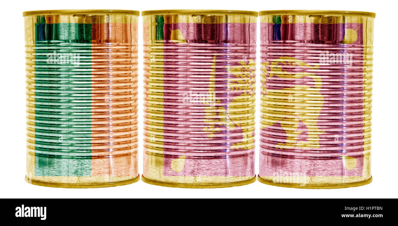 Three tin cans with the flag of Sri Lanka on them isolated on a white ...