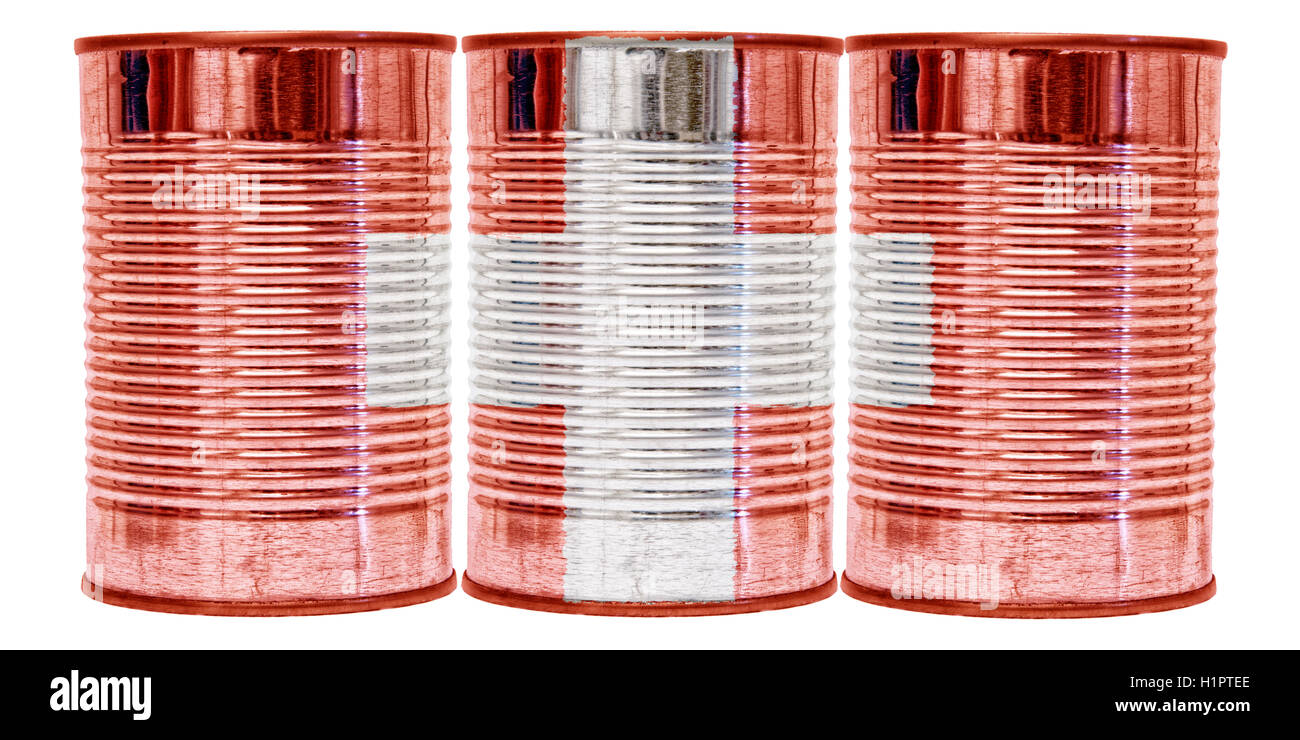 Three tin cans with the flag of Switzerland on them isolated on a white ...