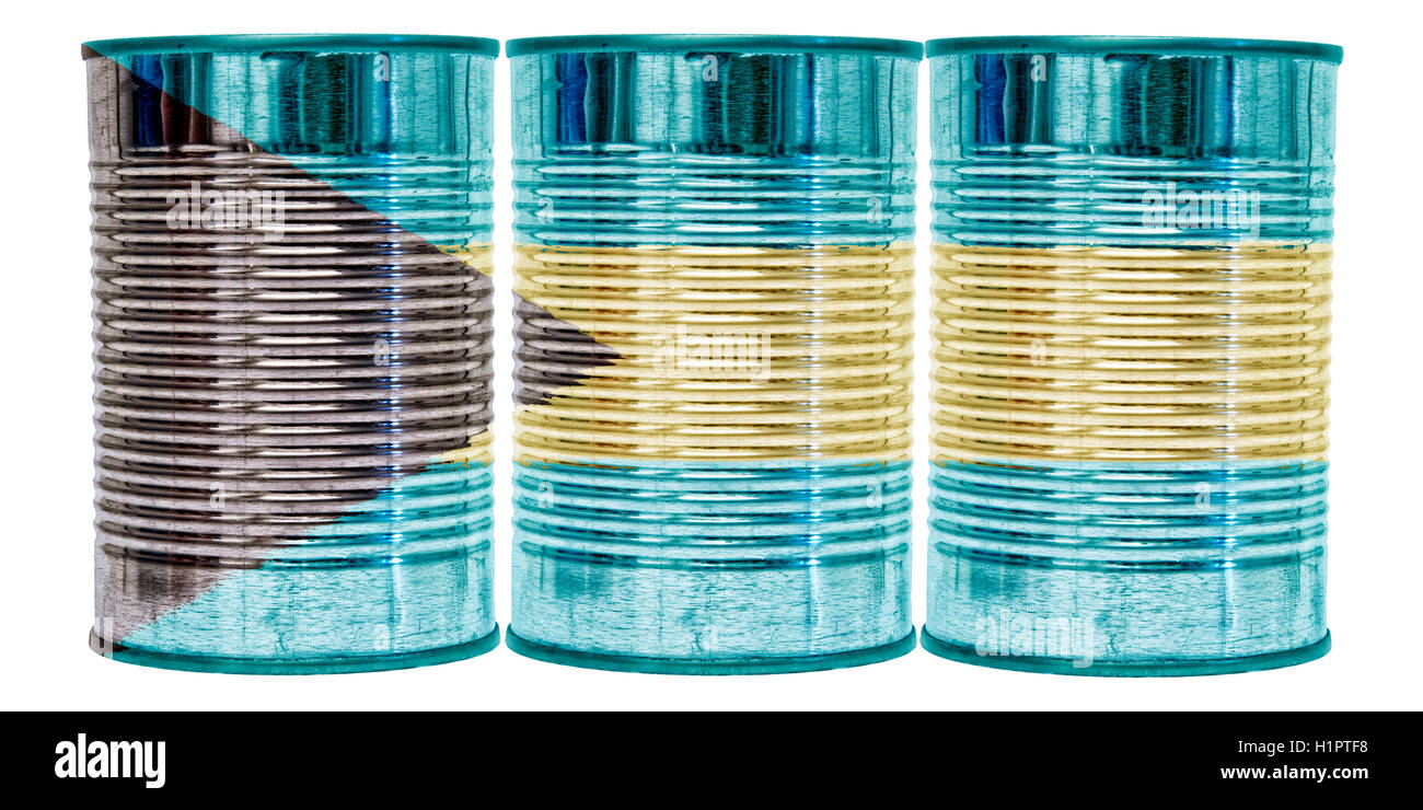 Three tin cans with the flag of the Bahamas on them isolated on a white ...