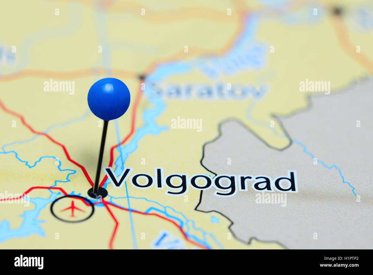 Volgograd pinned on a map of Russia Stock Photo - Alamy
