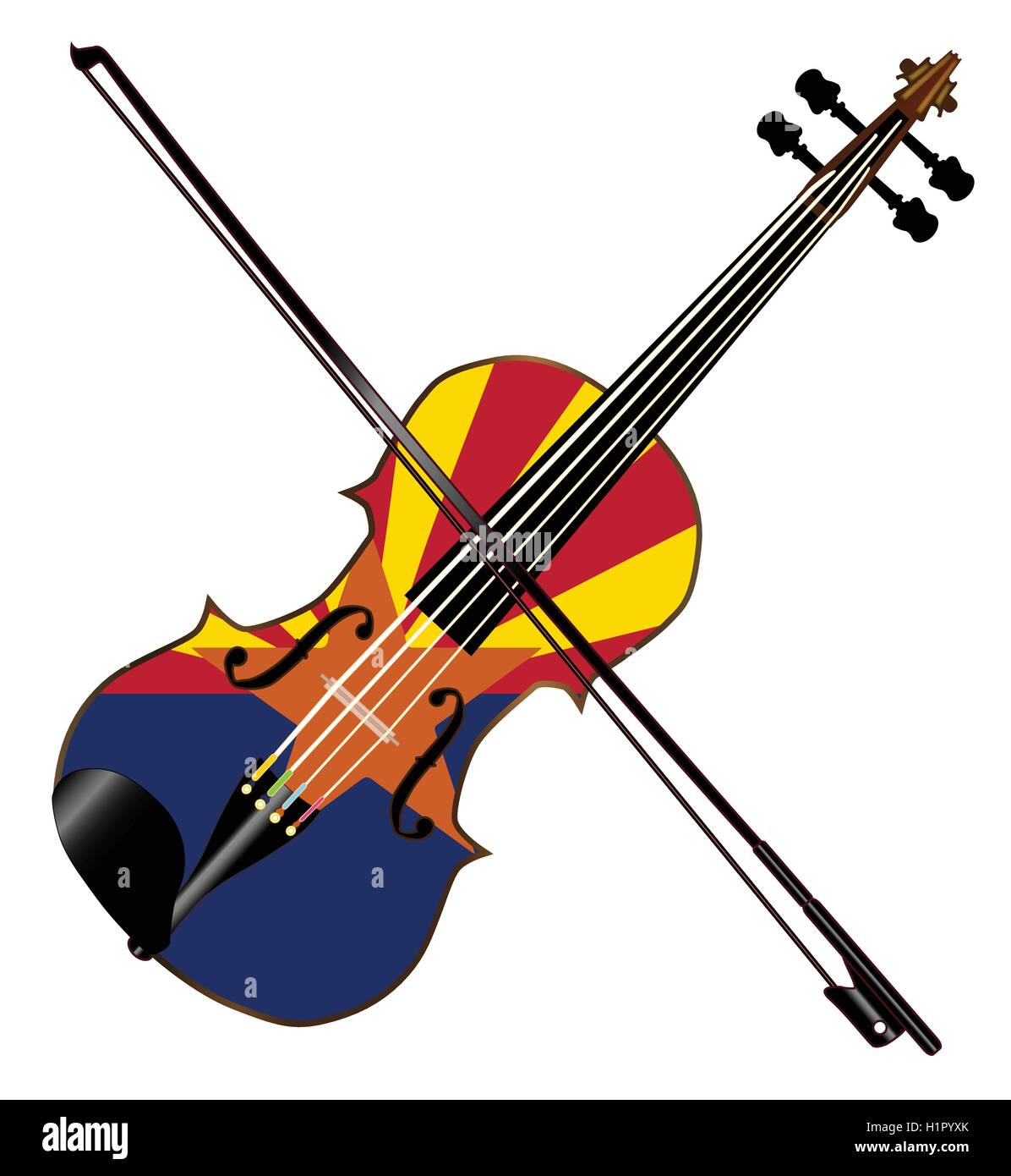 A typical violin with Arizona flag and bow isolated over a white ...