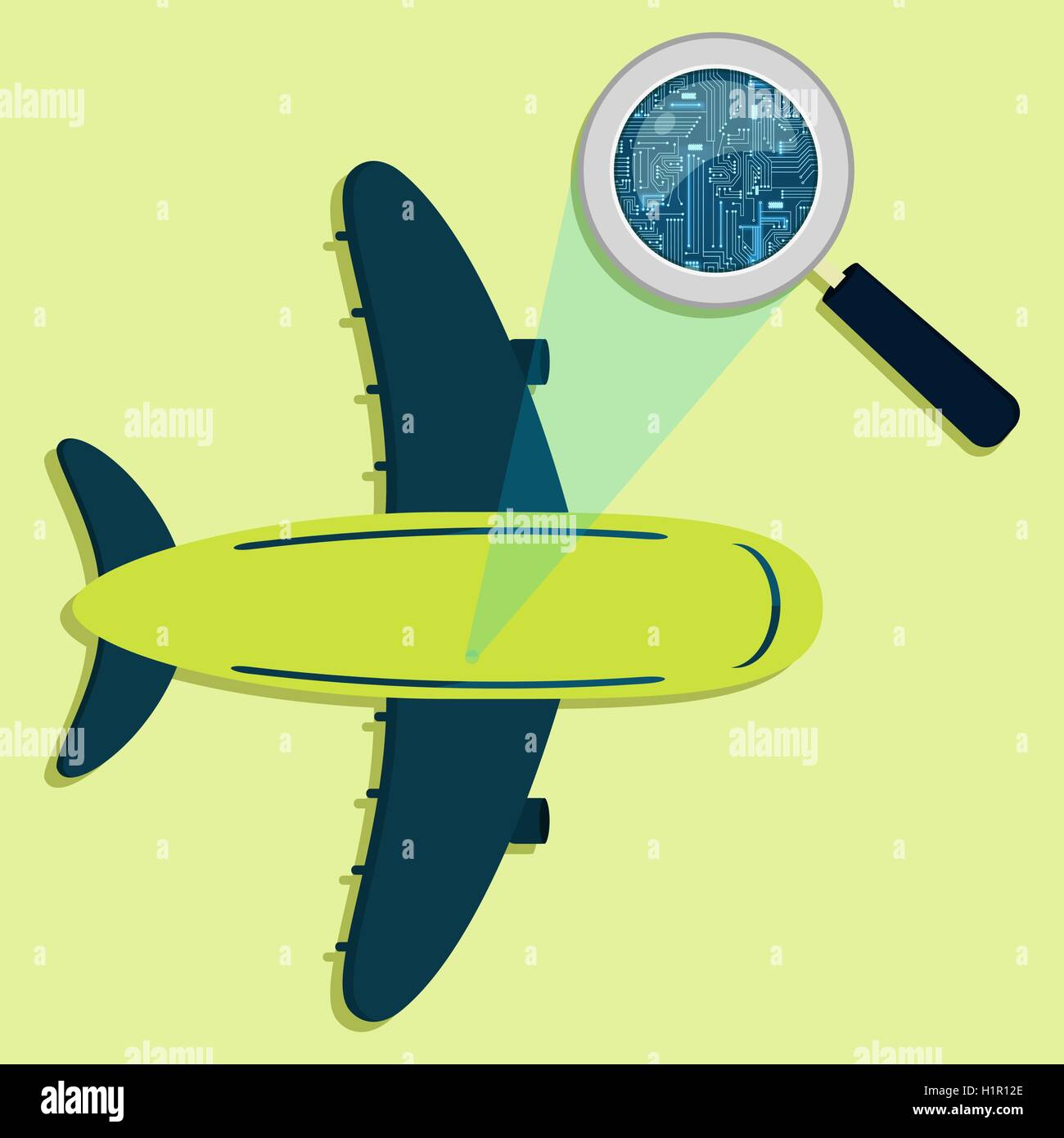 Magnifying glass enlarging electronic circuit of plane. Concept Stock ...