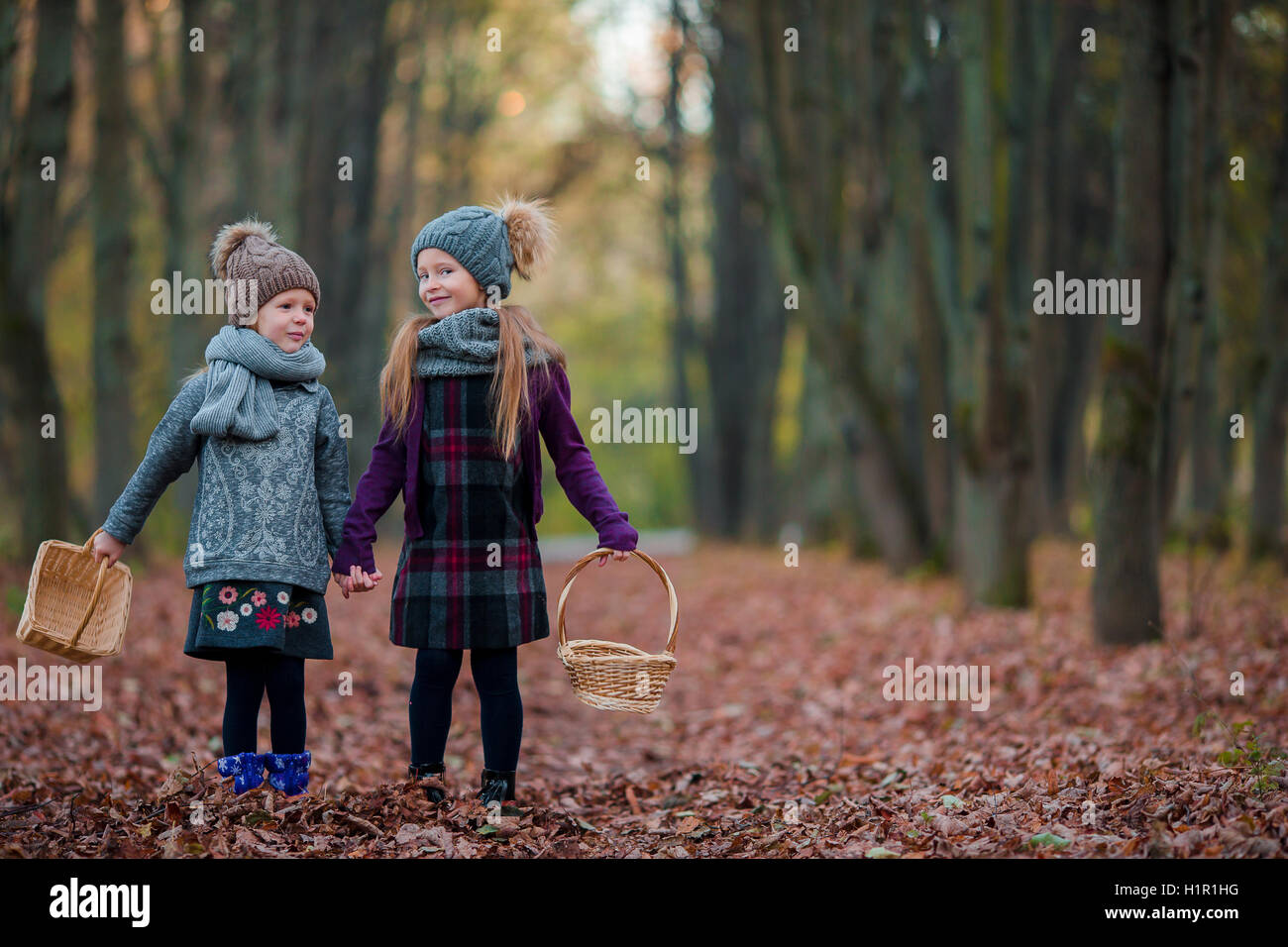 Two adorable girls in forest at warm sunny autumn day Stock Photo - Alamy