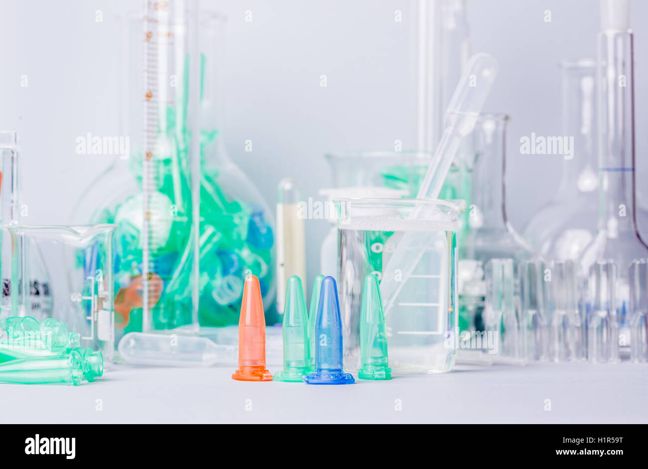 Research lab assorted glassware equipment detail Stock Photo - Alamy