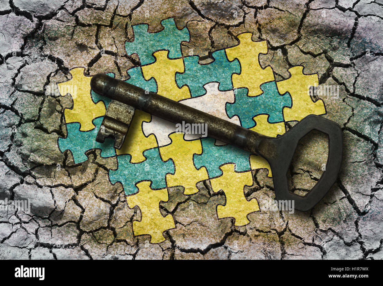 Conceptual illustration - Connected puzzle with one missing part and a ...
