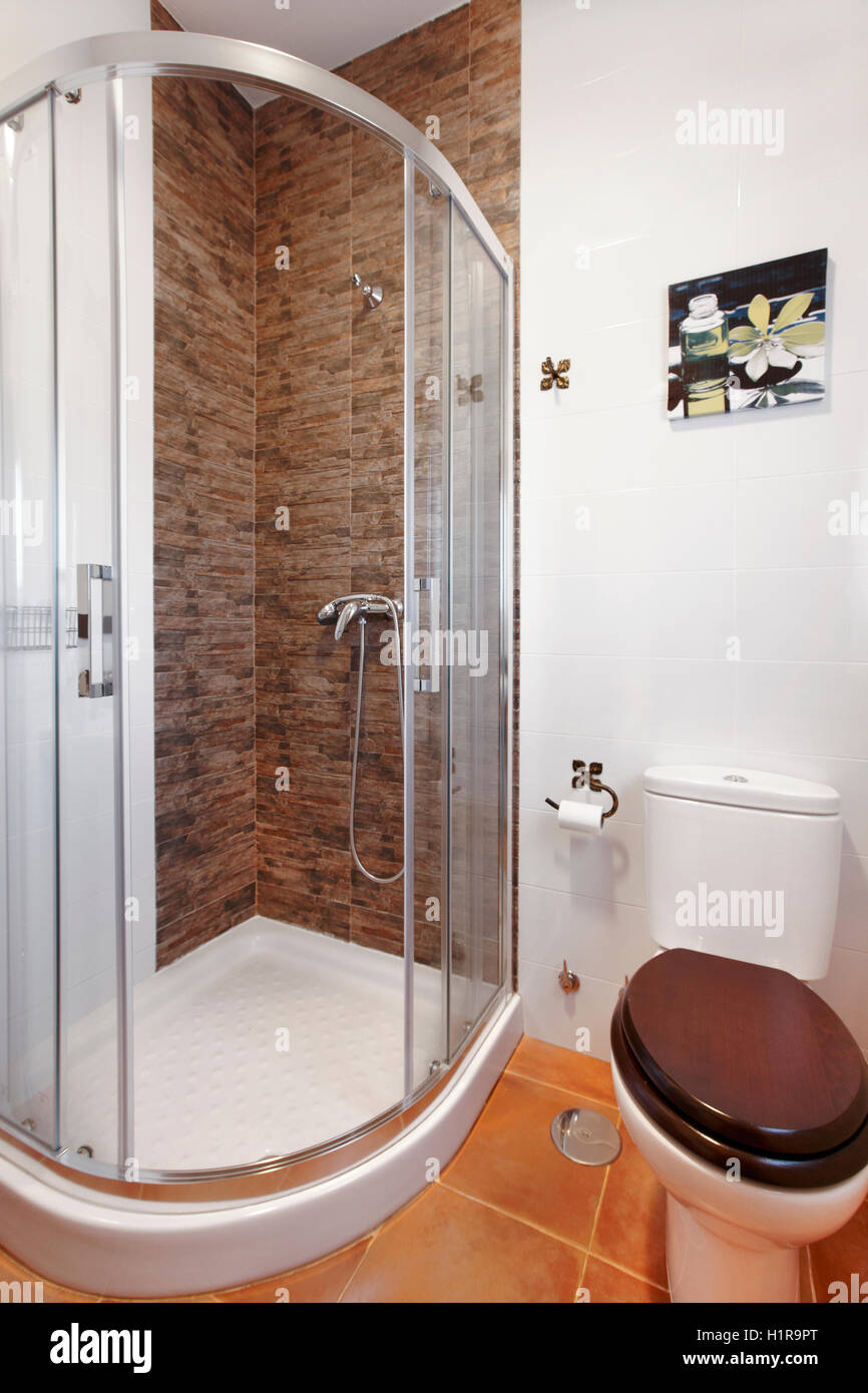 Bathroom interior with shower and toilet. Vertical Stock Photo - Alamy