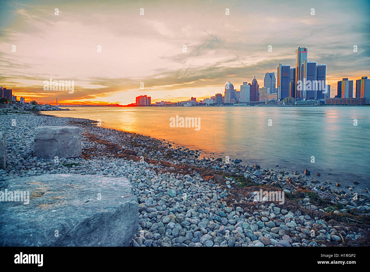 Long exposure view of Detroit skyline with dramatic sunset, taken from ...