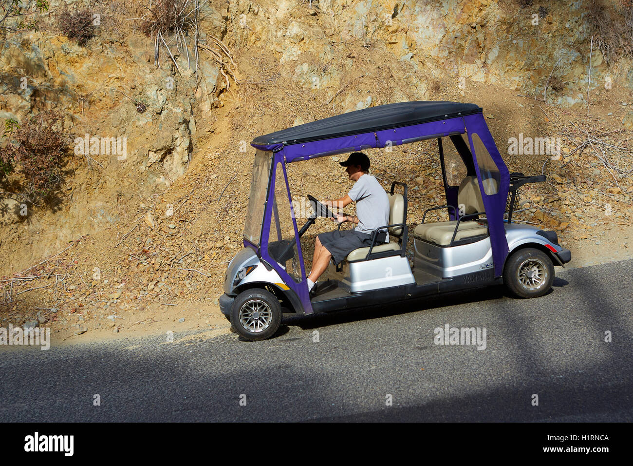 Man Driving His Golf Cart Down A Steep Hill Near Avalon, Santa Catalina ...