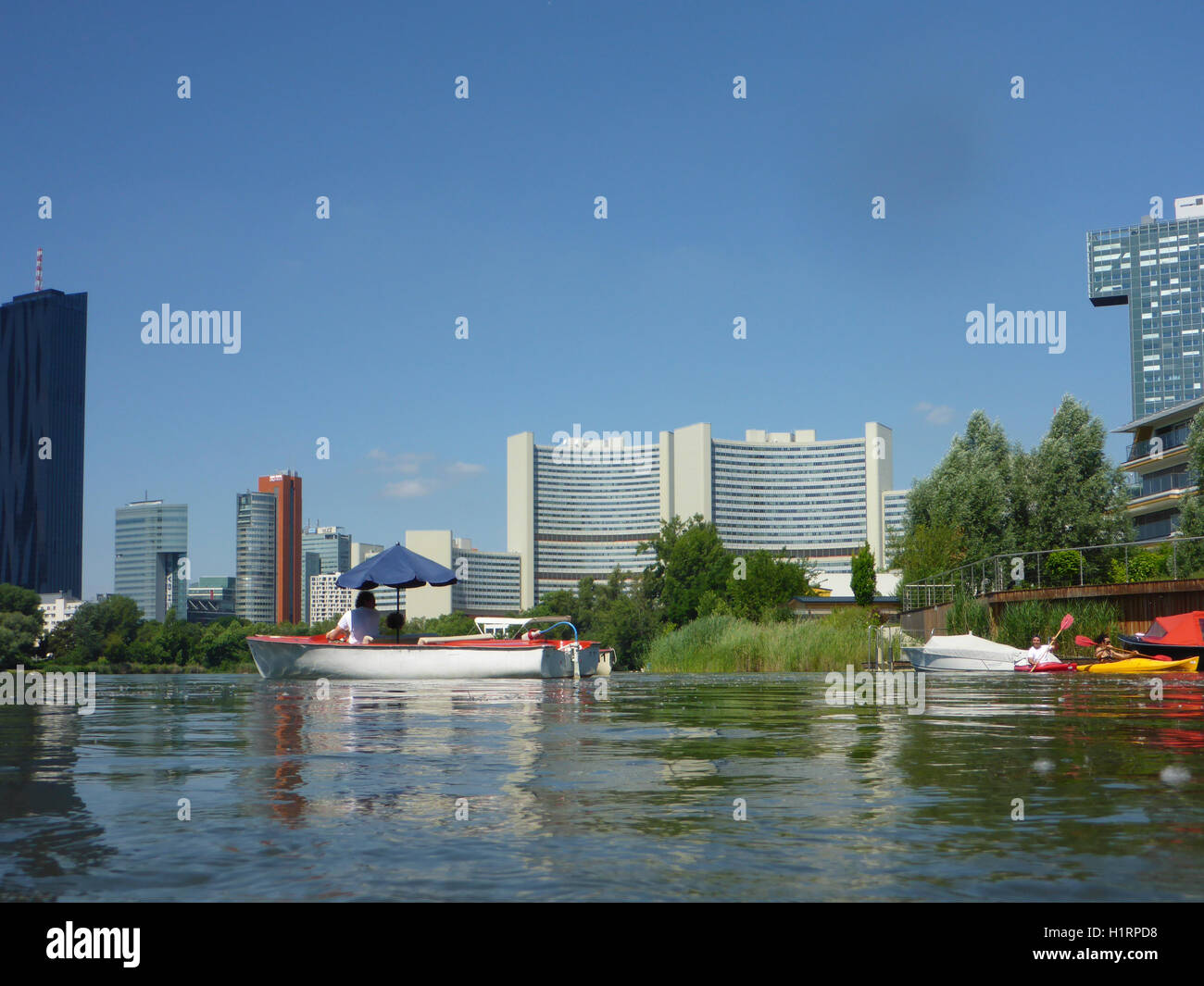 Wien, Vienna: boats at lake Kaiserwasser, Vienna International Center ...