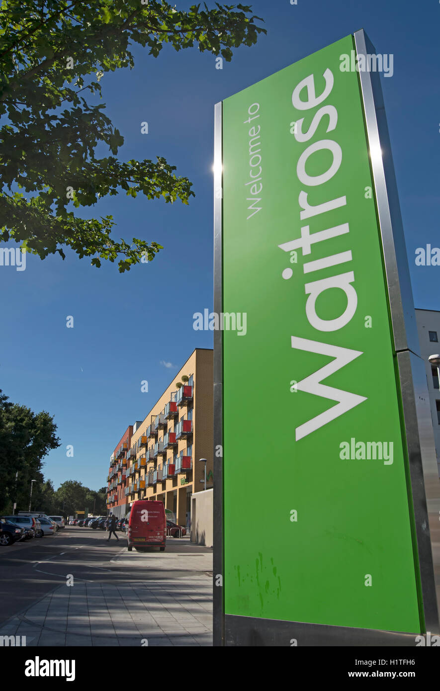 welcome to waitrose pillar sign at a branch of the supermarket chain in ...