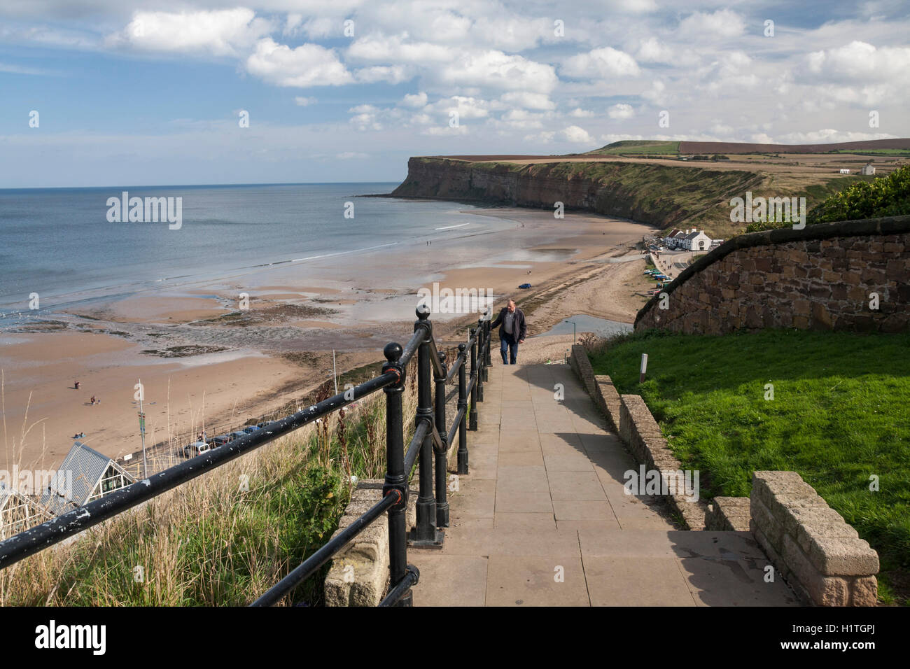 An elevated view of Saltburn by the Sea looking down to the beach ...