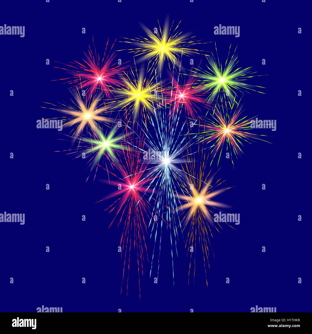 Festive, large, multi-colored fireworks on a blue background ...