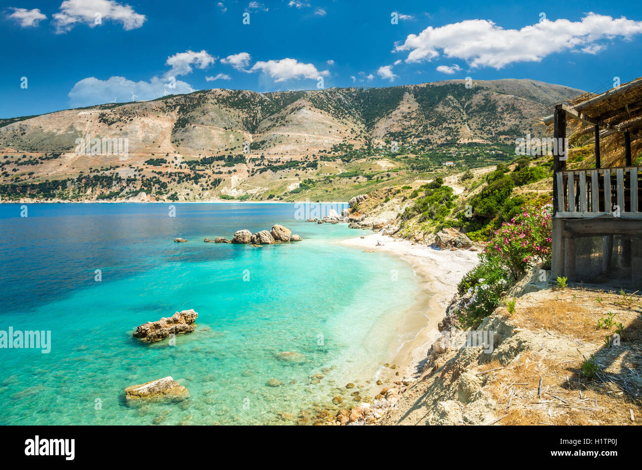 Vouti Beach, Kefalonia Island, Greece. People relaxing at the beach ...