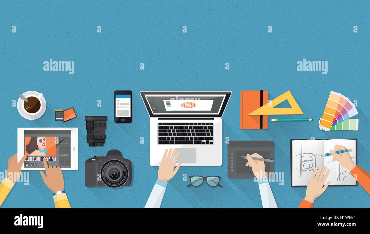 Creative team working together at office desk, teamwork and advertising ...