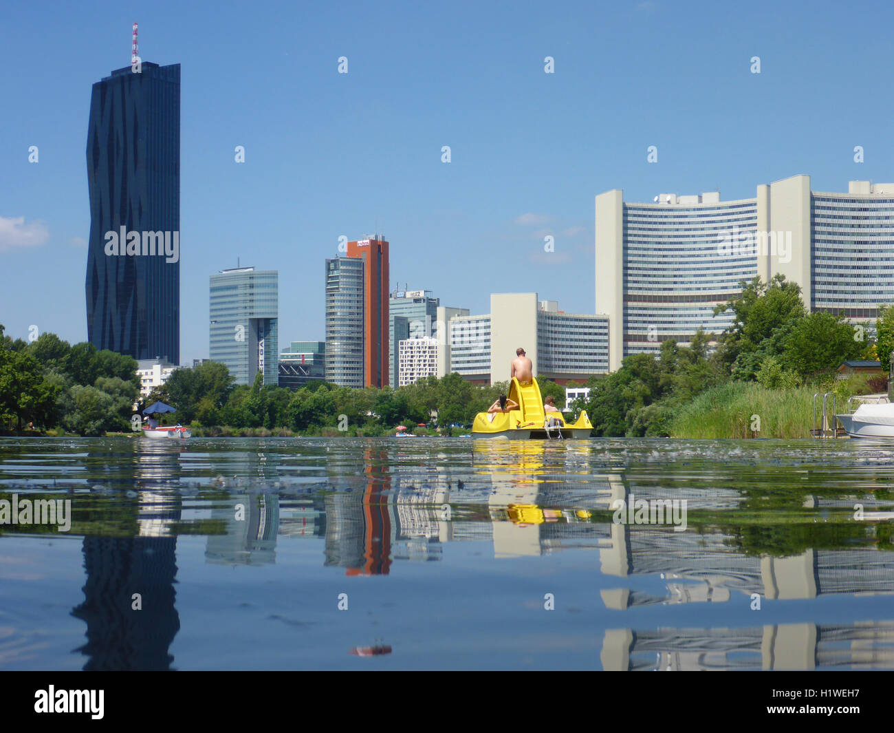 Wien, Vienna: boats at lake Kaiserwasser, Vienna International Center ...