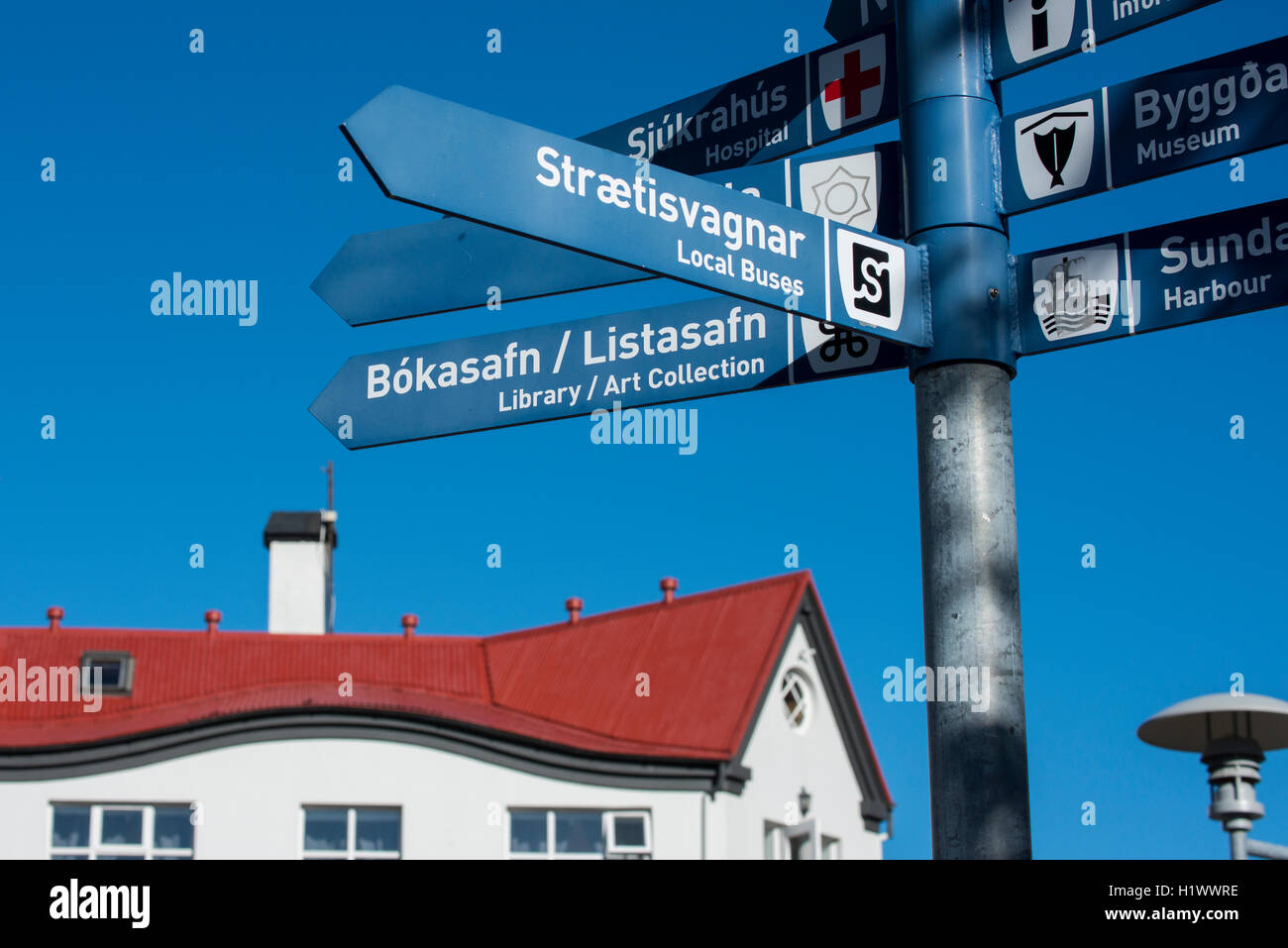 Iceland, West Fjords, Isafjordur. Historic Old Town. Directional street ...