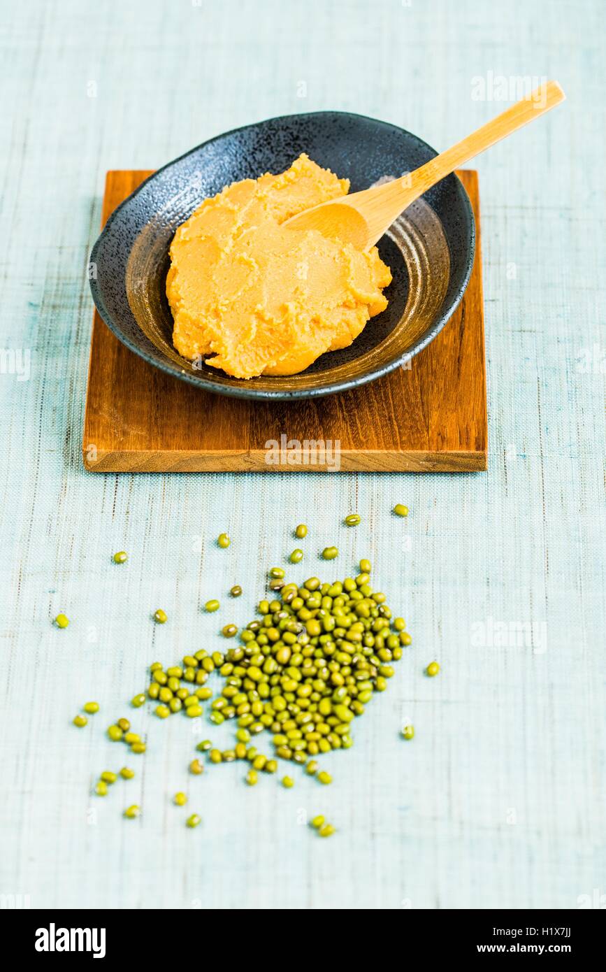 Miso paste (fermented soybean paste ) and soy seeds Stock Photo - Alamy
