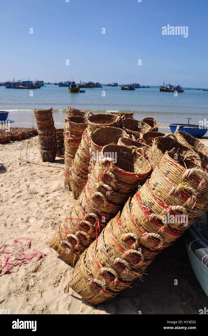Baskets used for transporting fishes from the boat to the truck are on ...