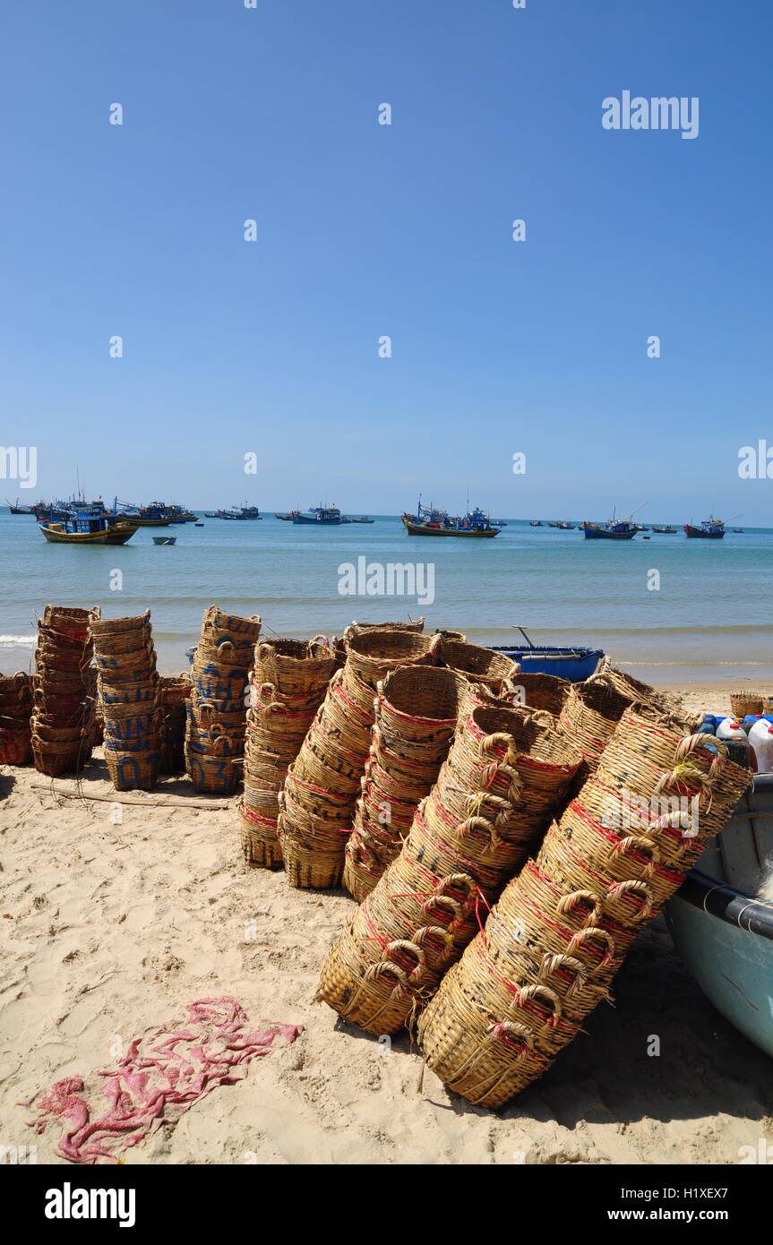 Baskets used for transporting fishes from the boat to the truck are on ...