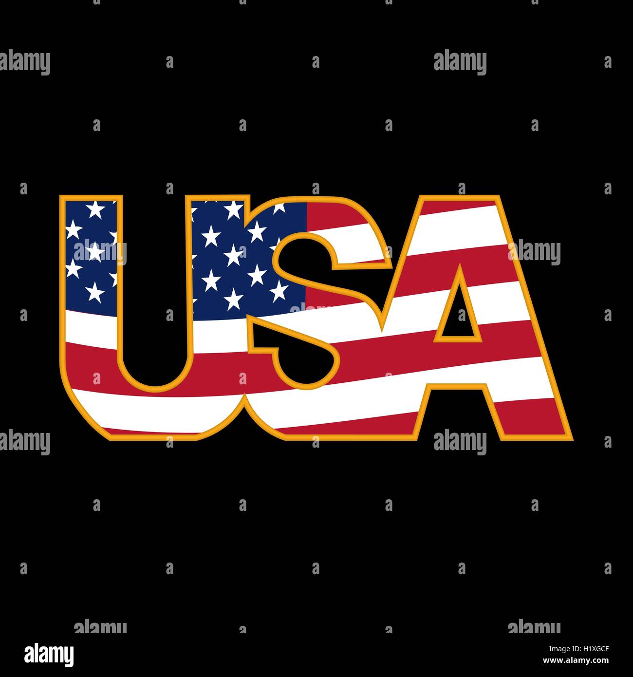 US inscription stylized flag colors in a golden frame on a black ...