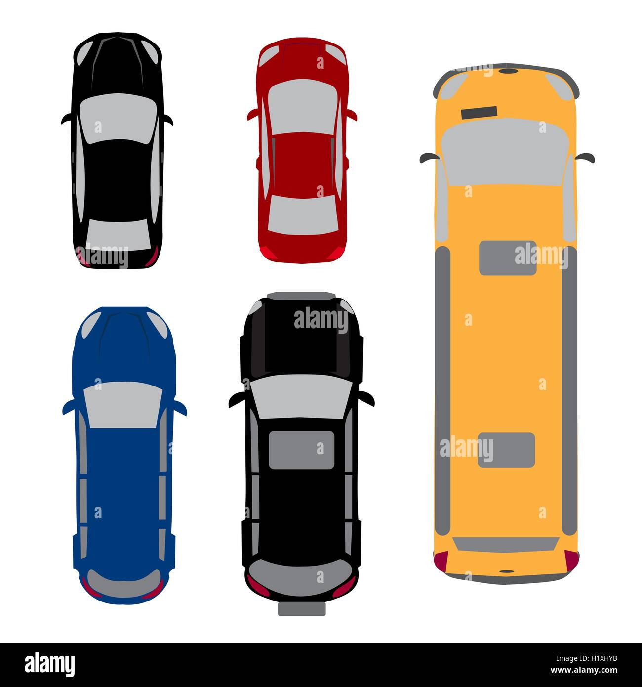 Set of five cars. Coupe, sedan, wagon, SUV, minivan. View from above ...