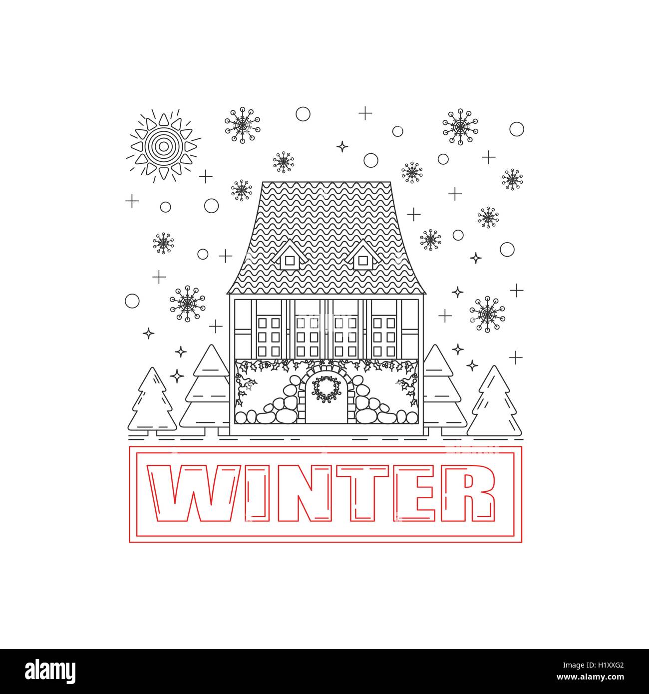 Detailed winter house on snowy background. Vector illustration Stock ...