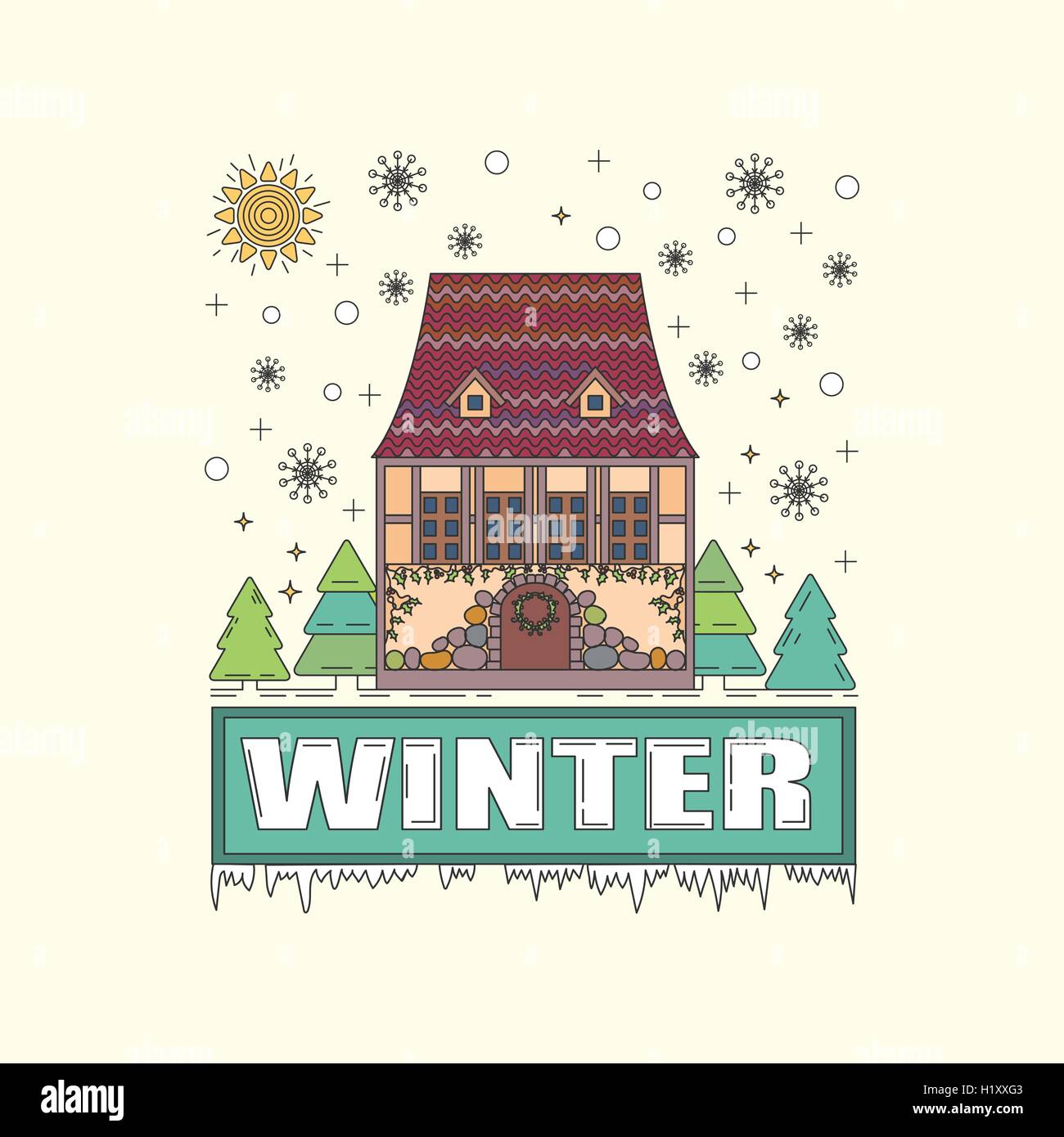 Detailed winter house on snowy background. Vector illustration Stock ...