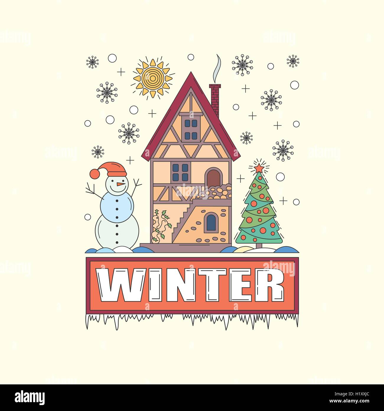 Detailed winter house on snowy background. Vector illustration Stock ...