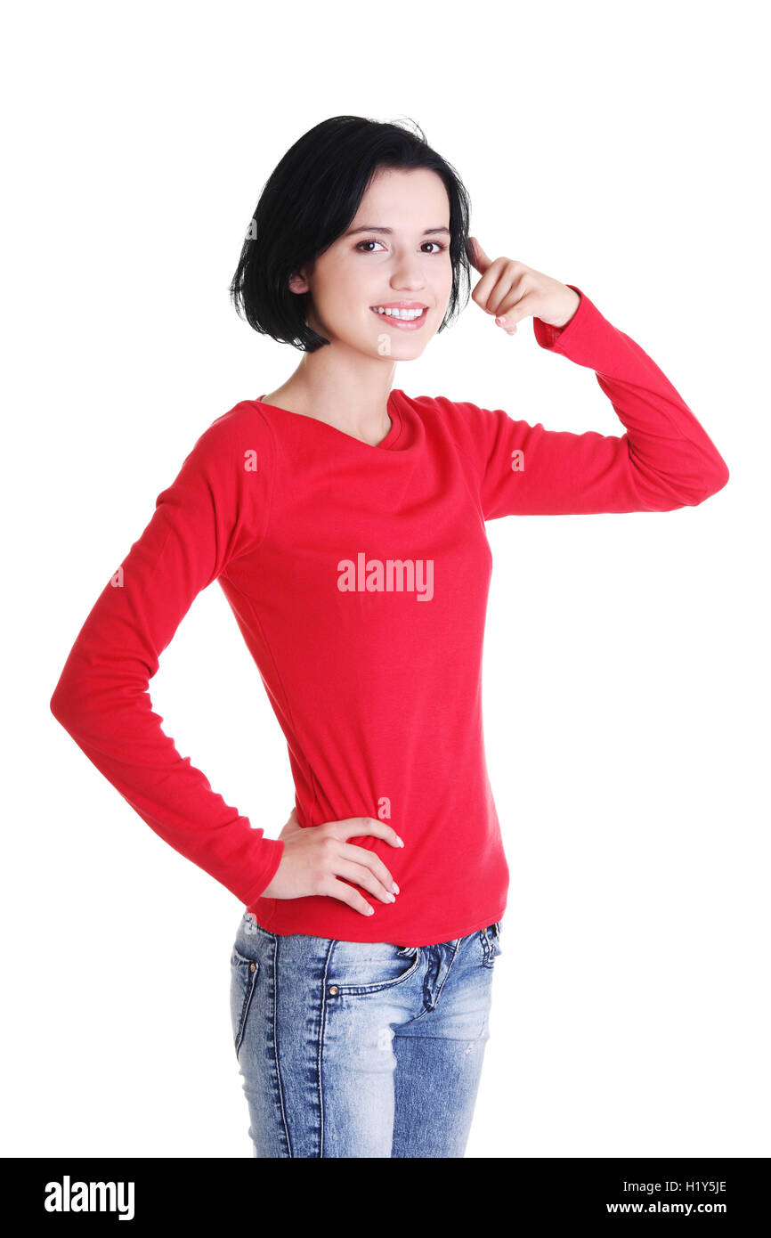 Young happy woman gesturing "call me Stock Photo - Alamy