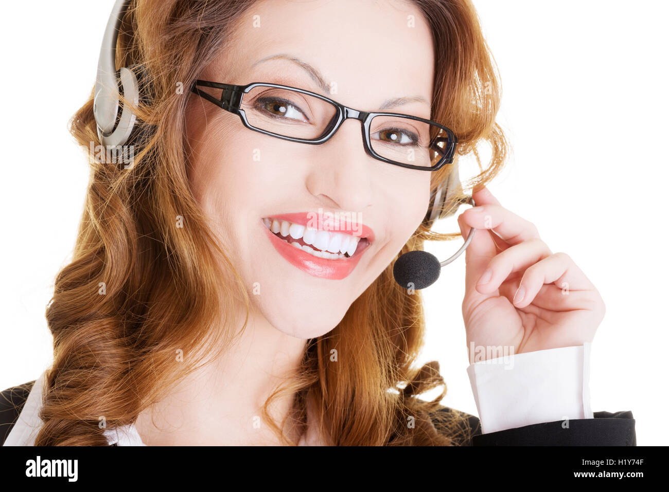 Beautiful call-center assistant smiling Stock Photo - Alamy