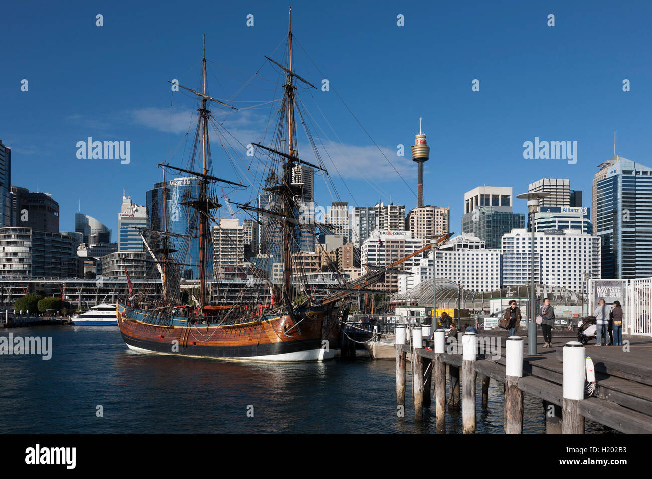 The replica HMS Endeavour moored at the Australian Maritime Museum ...