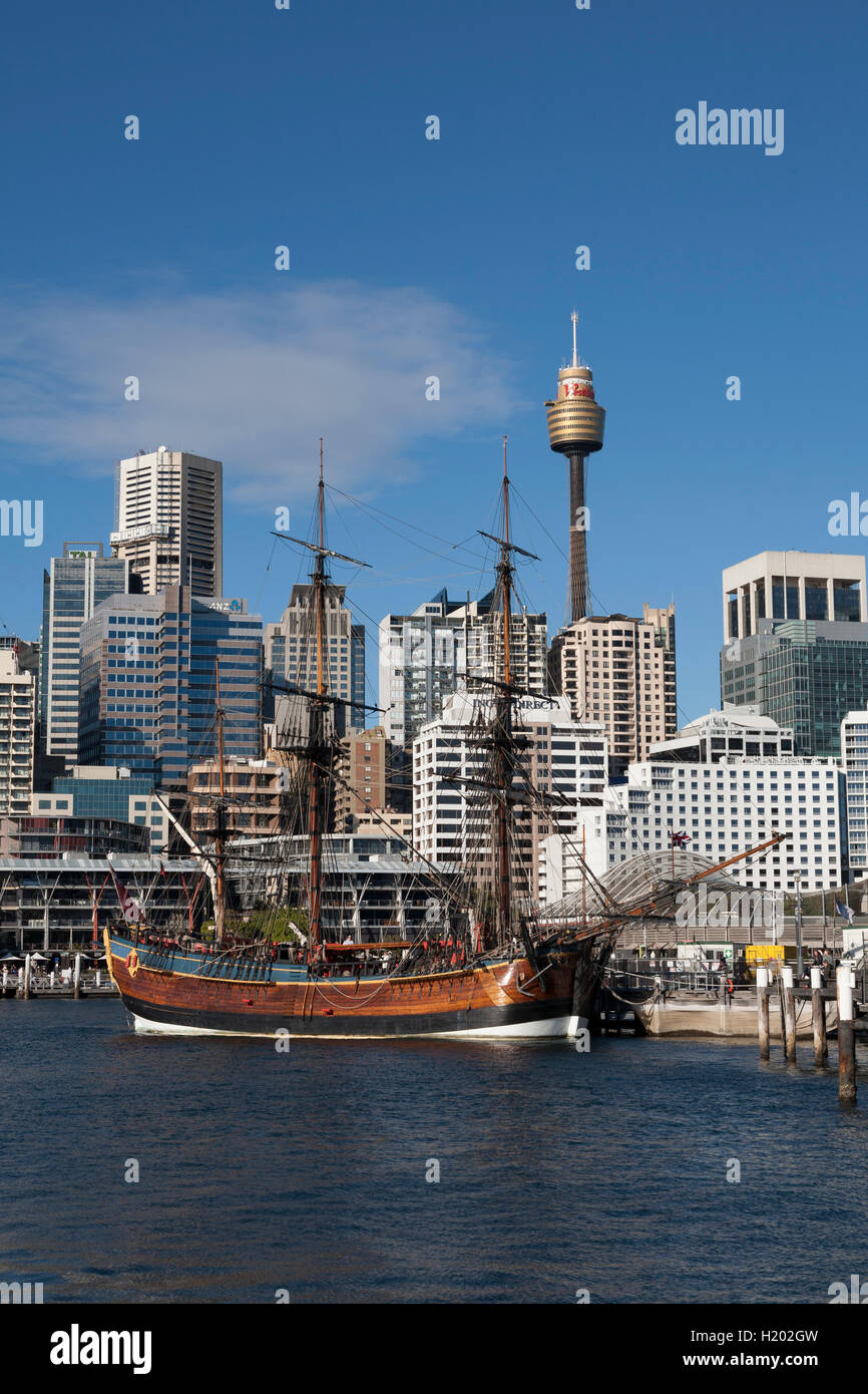 The replica HMS Endeavour moored at the Australian Maritime Museum ...