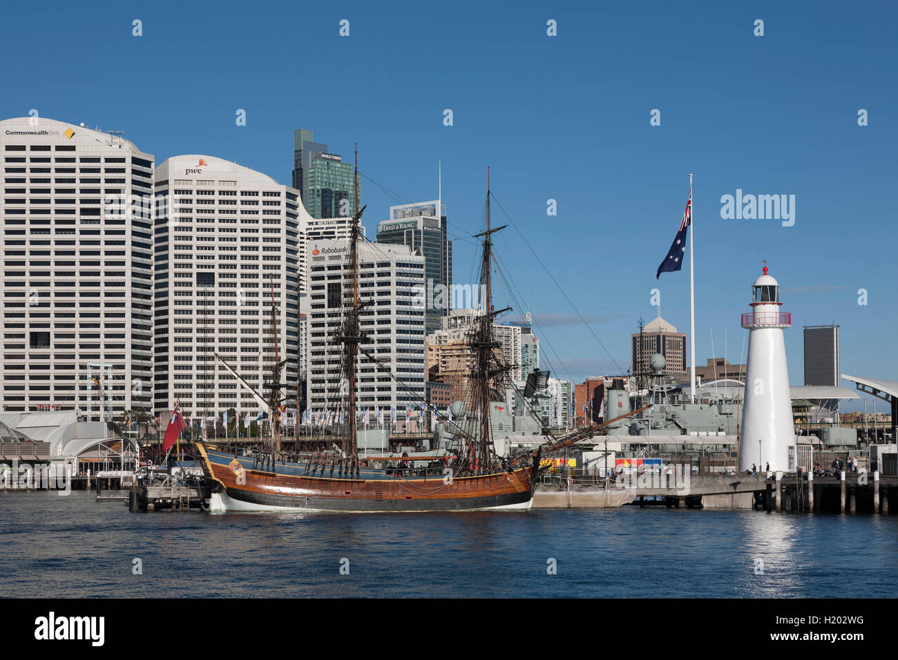 The replica HMS Endeavour moored at the Australian Maritime Museum ...