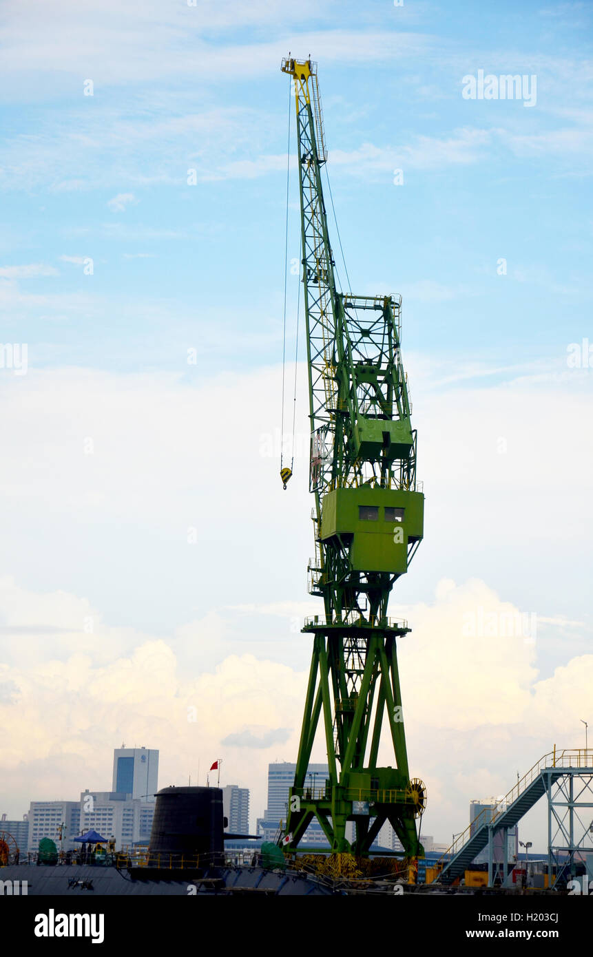 Docks of submarine and shipbuilding or shipyard in the sea at Kobe bay ...