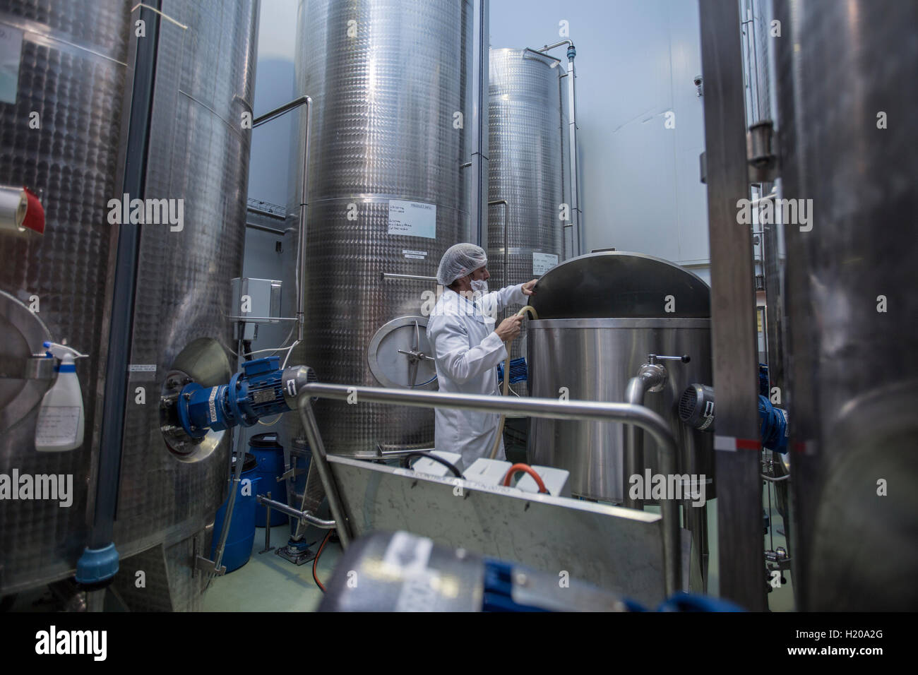 Lab technician in pharmaceutical plant in front of tanks Stock Photo ...