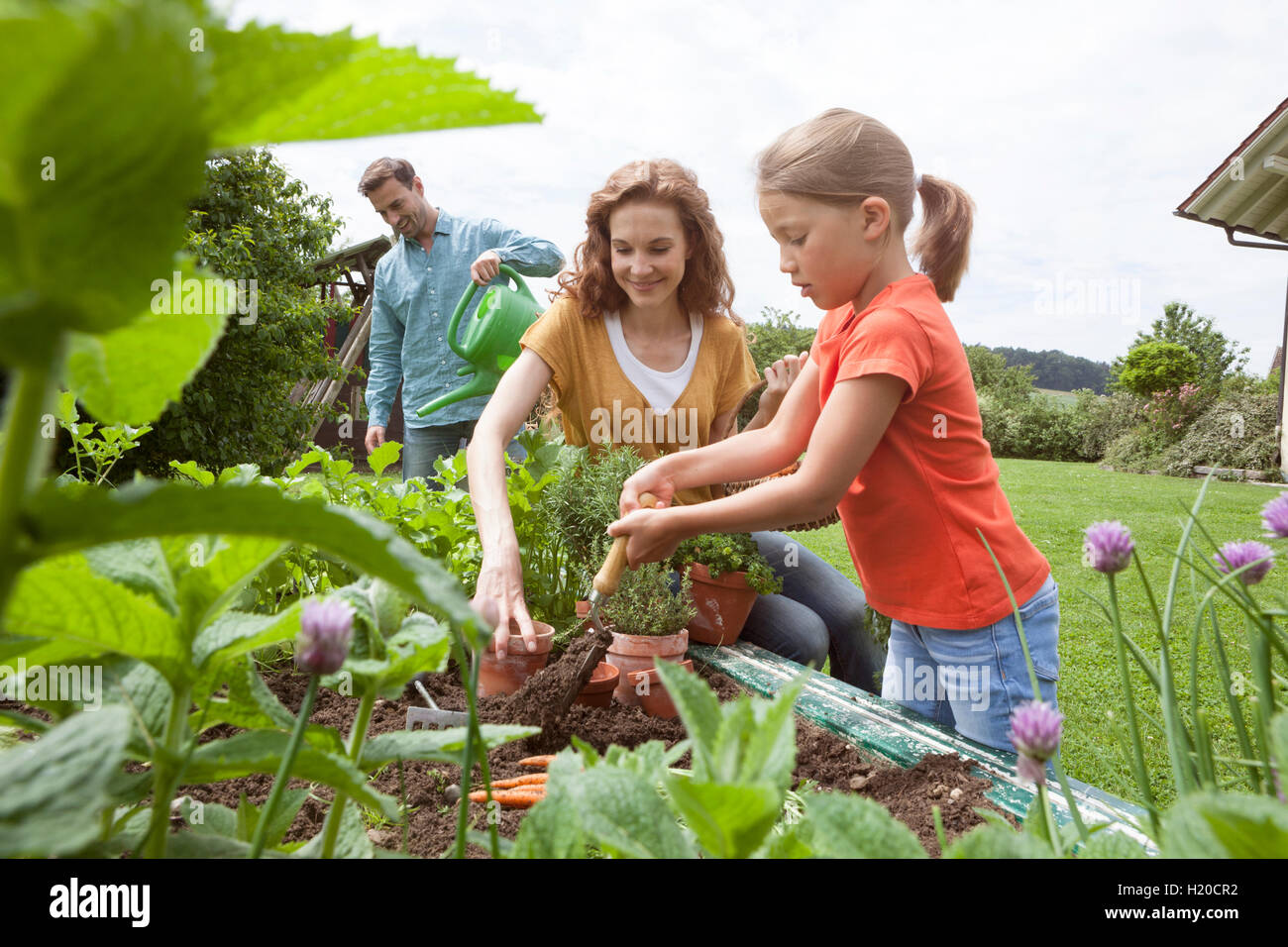 Mother and daughter in garden planting Stock Photo - Alamy