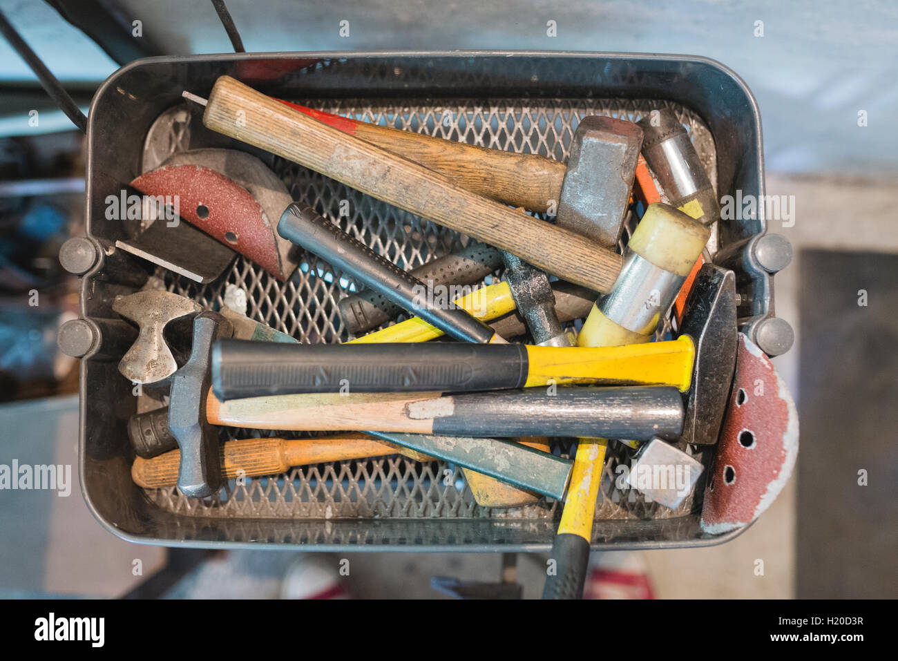 Various hammers in a box Stock Photo - Alamy