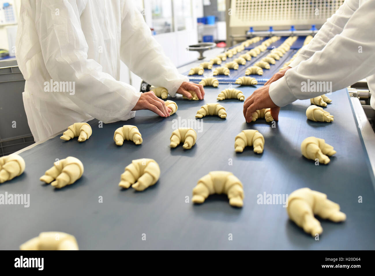 Workers at production line in a baking factory with croissants Stock ...