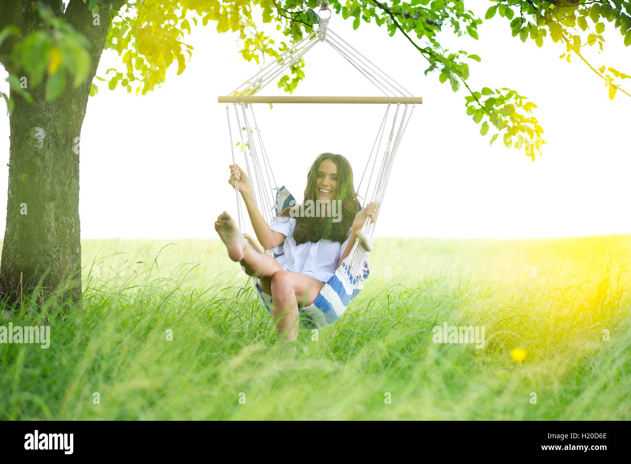 Happy woman relaxing in a hanging chair under a tree Stock Photo - Alamy