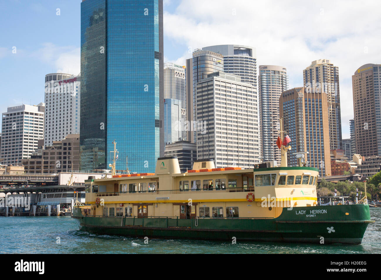 Sydney ferry MV Lady Herron approaching the ferry terminal at circular ...