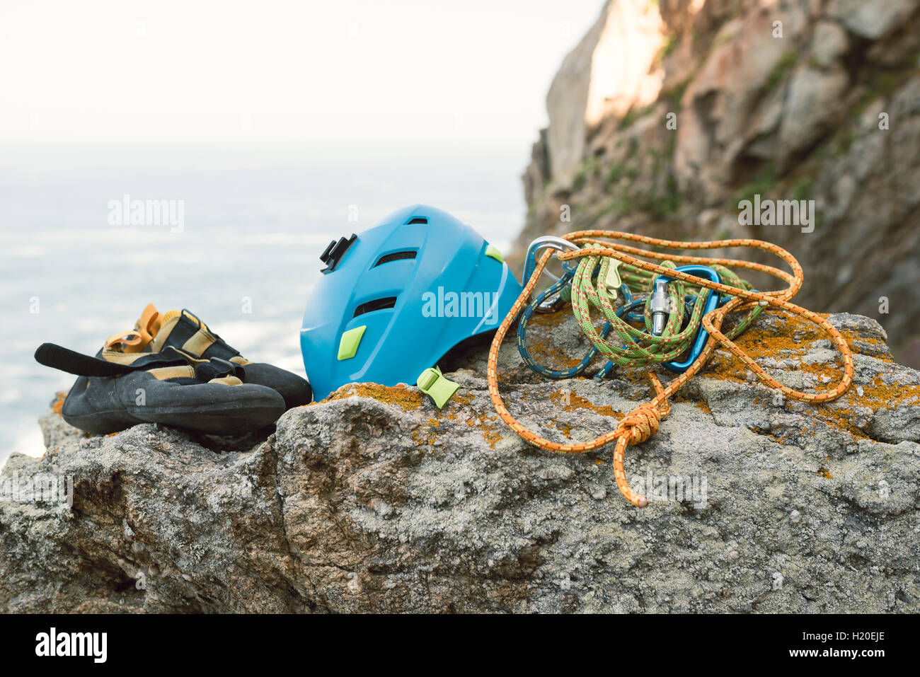 Climbing equipment on rock Stock Photo - Alamy