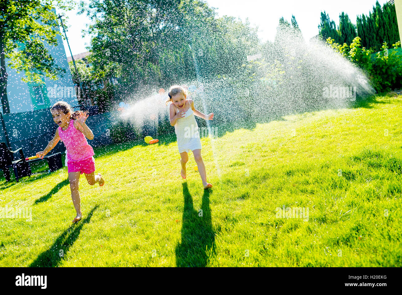 Children having fun with lawn sprinkler in the garden Stock Photo - Alamy
