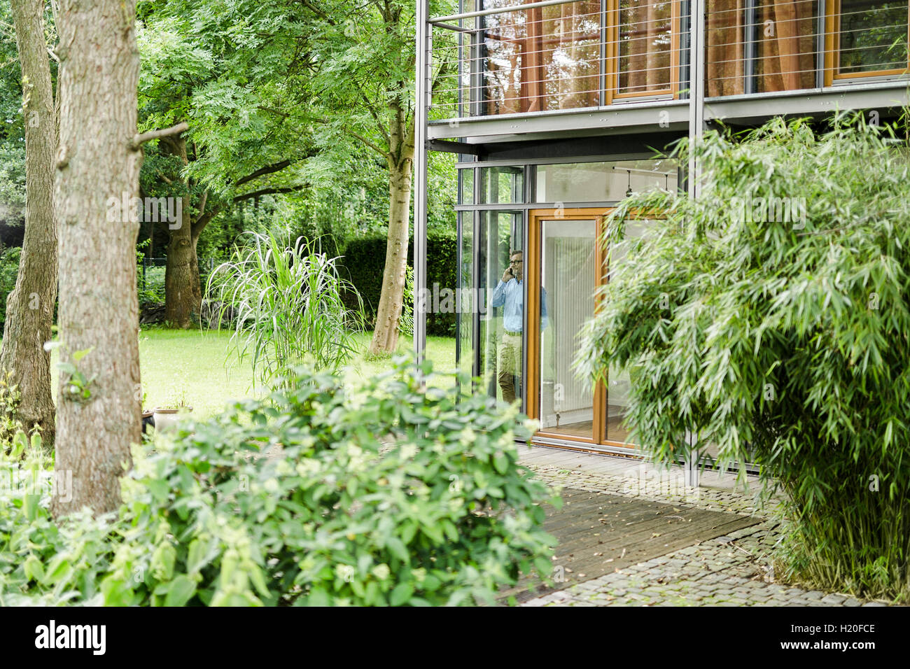 Man on the phone in his house looking through window Stock Photo - Alamy