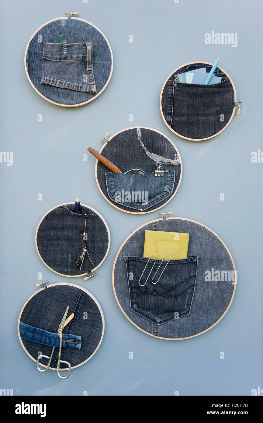DIY, pinboard, embroidery frame, denim Stock Photo - Alamy